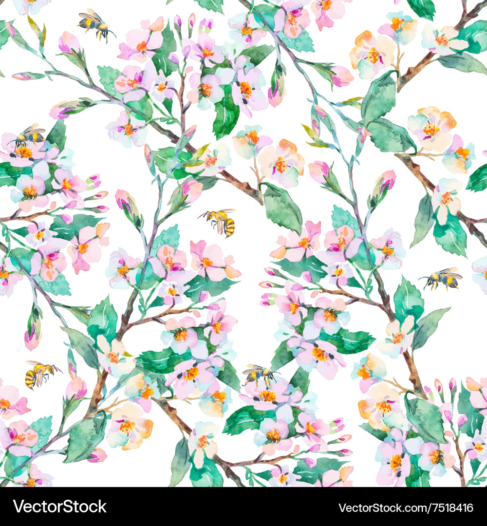 Spring patternflowering branches and bees Vector Image