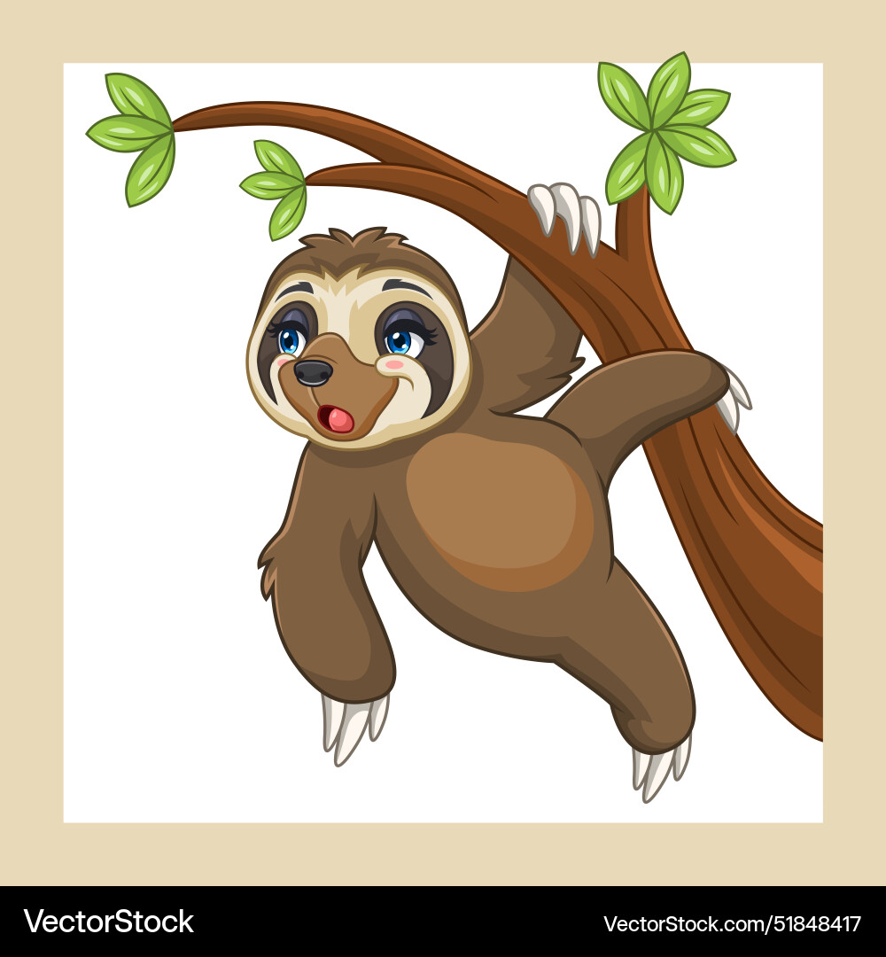 Cartoon cute sloth hanging on a tree branch Vector Image