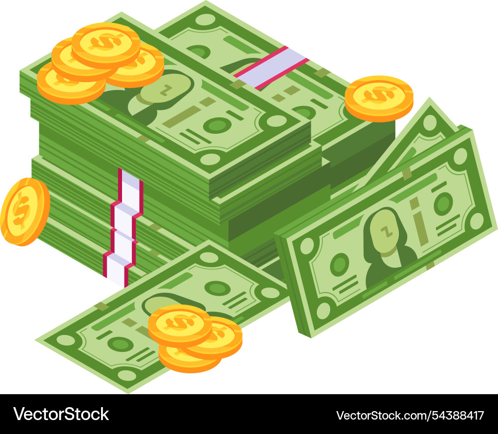 Large stack of green banknotes with several gold Vector Image