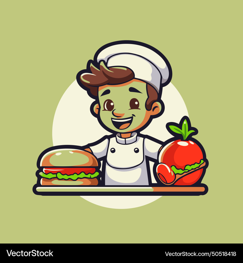 Cute cartoon chef with hamburger and tomato Vector Image