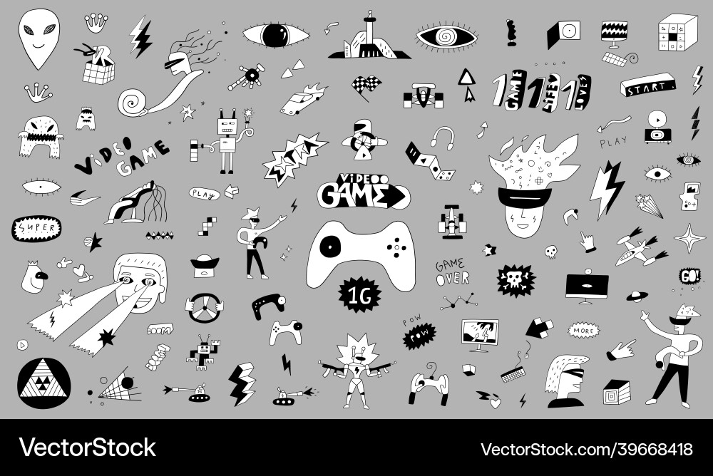 Video game doodle icon set design element Vector Image