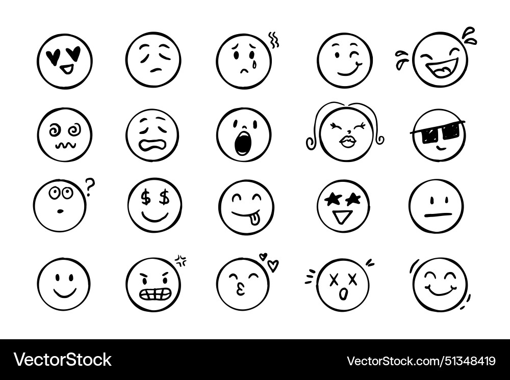 Emoji face icon doodle set faces with different Vector Image