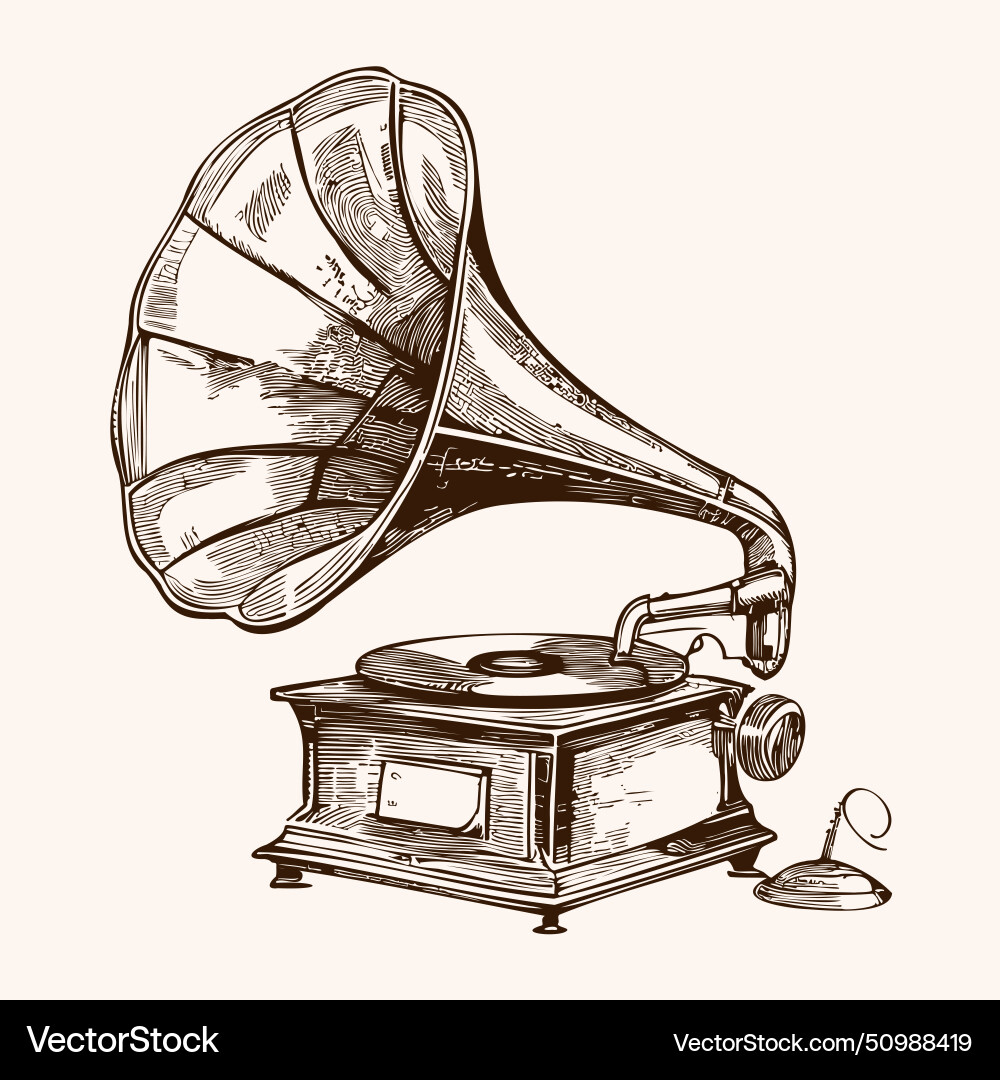 Retro musical gramophone sketch hand drawn Vector Image