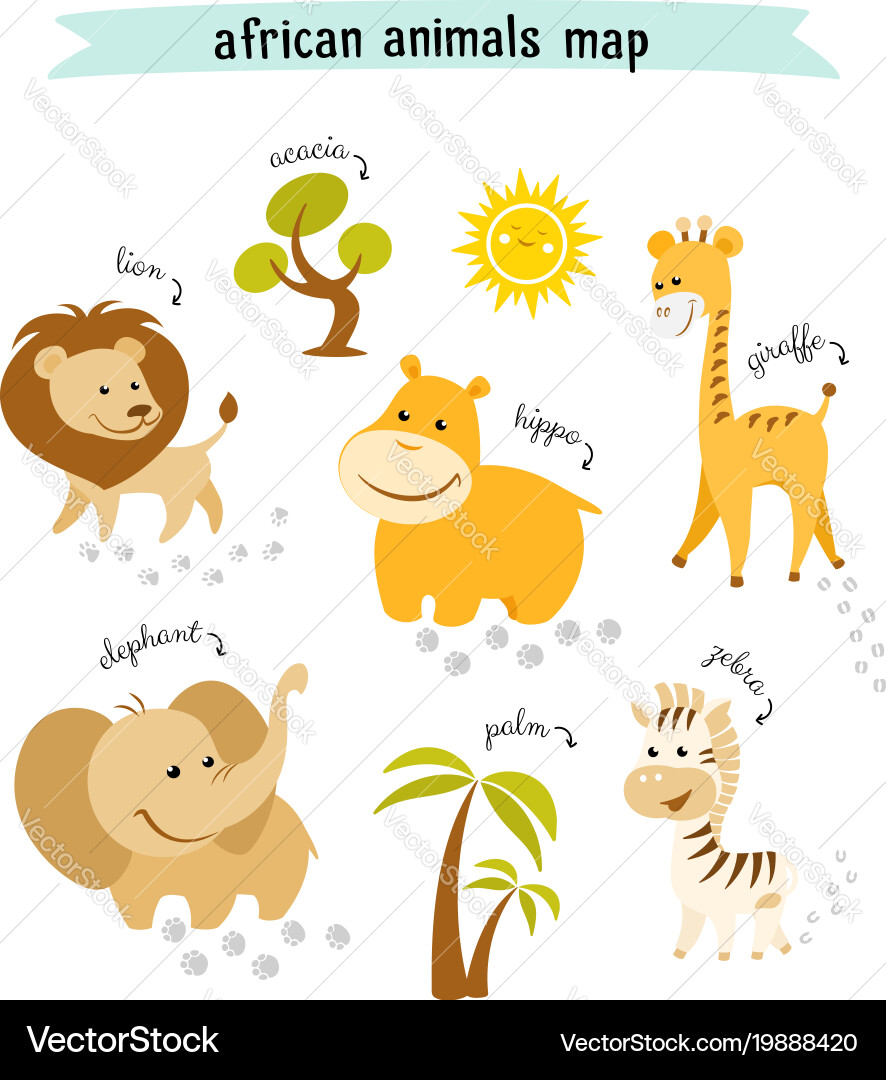 African animals map with trees and footprints Vector Image