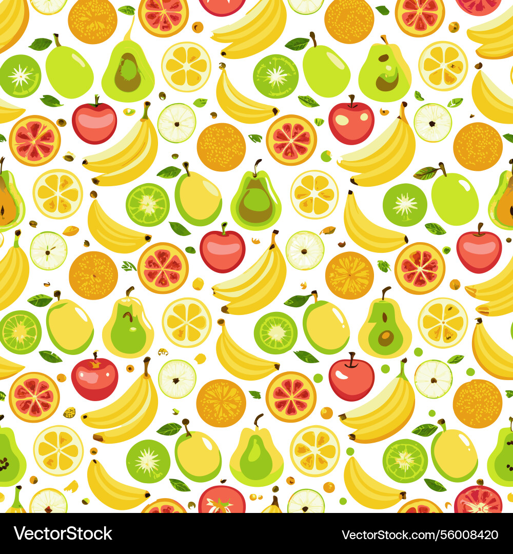 Vibrant fruit pattern featuring bananas apples Vector Image