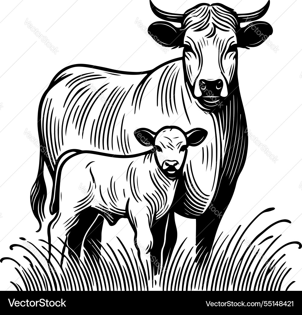 Cow and calf line art Royalty Free Vector Image