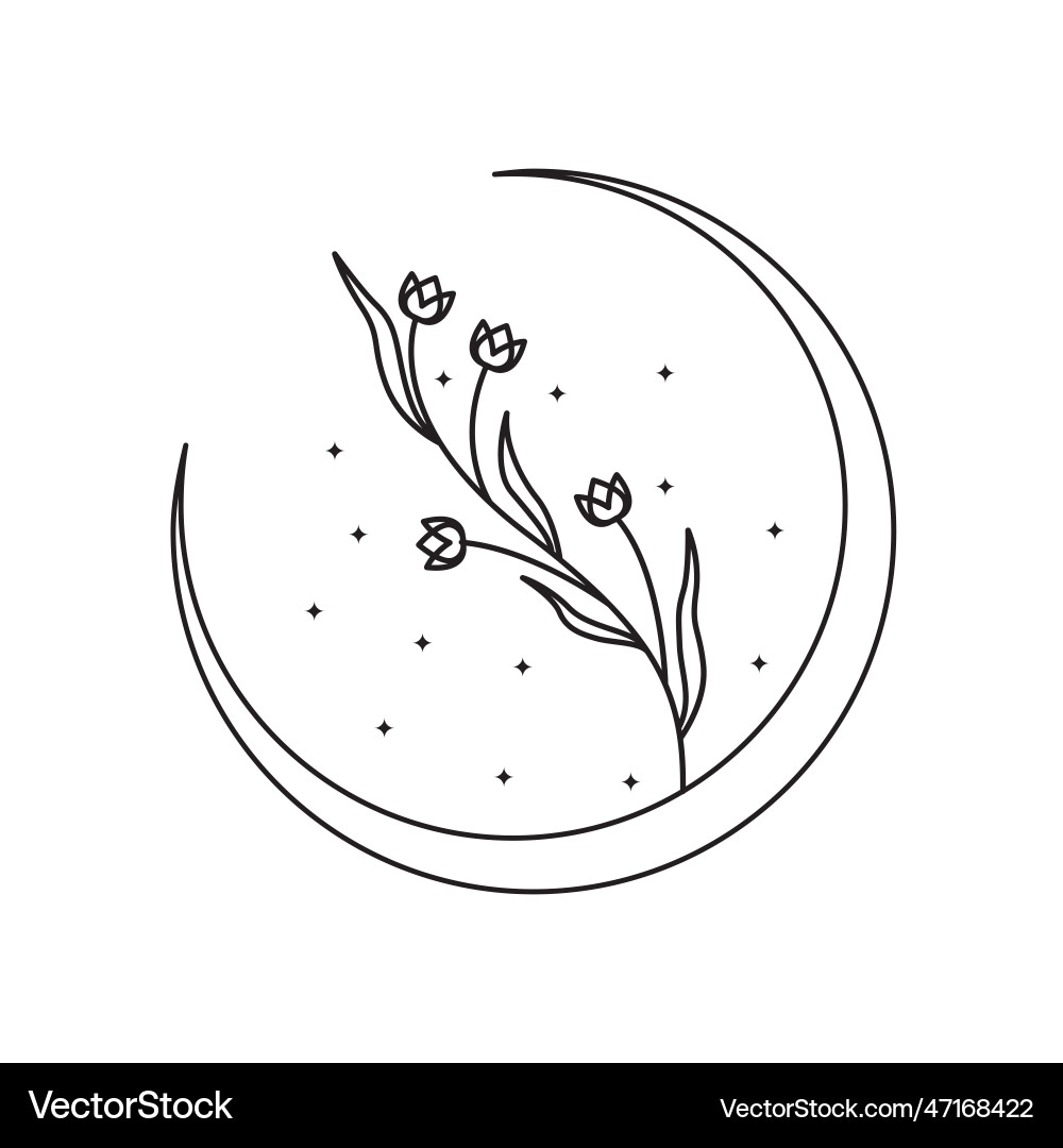 Crescent circle line art leaves flower logo design