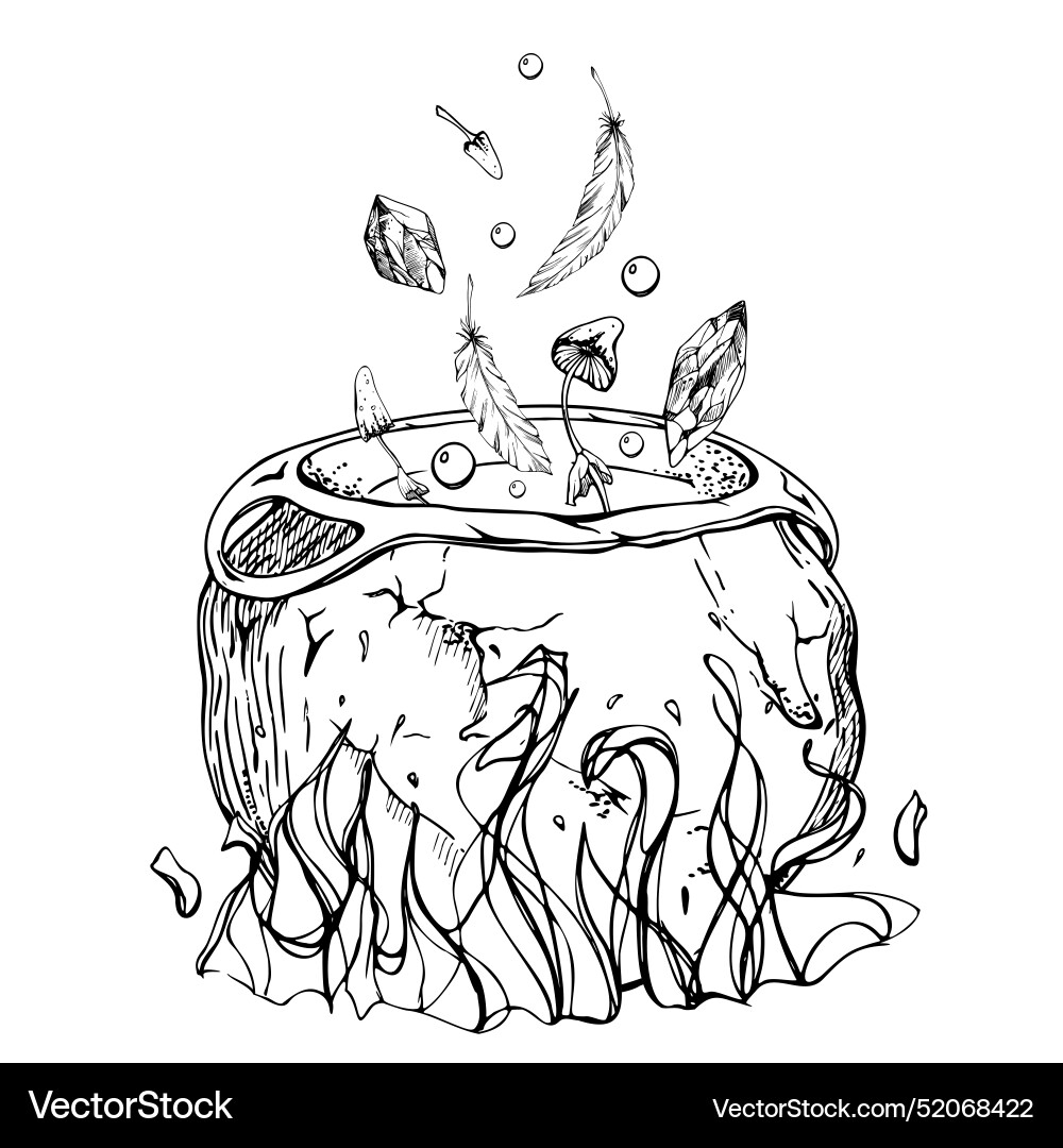 Hand drawn ink witch cauldron on fire brewing Vector Image
