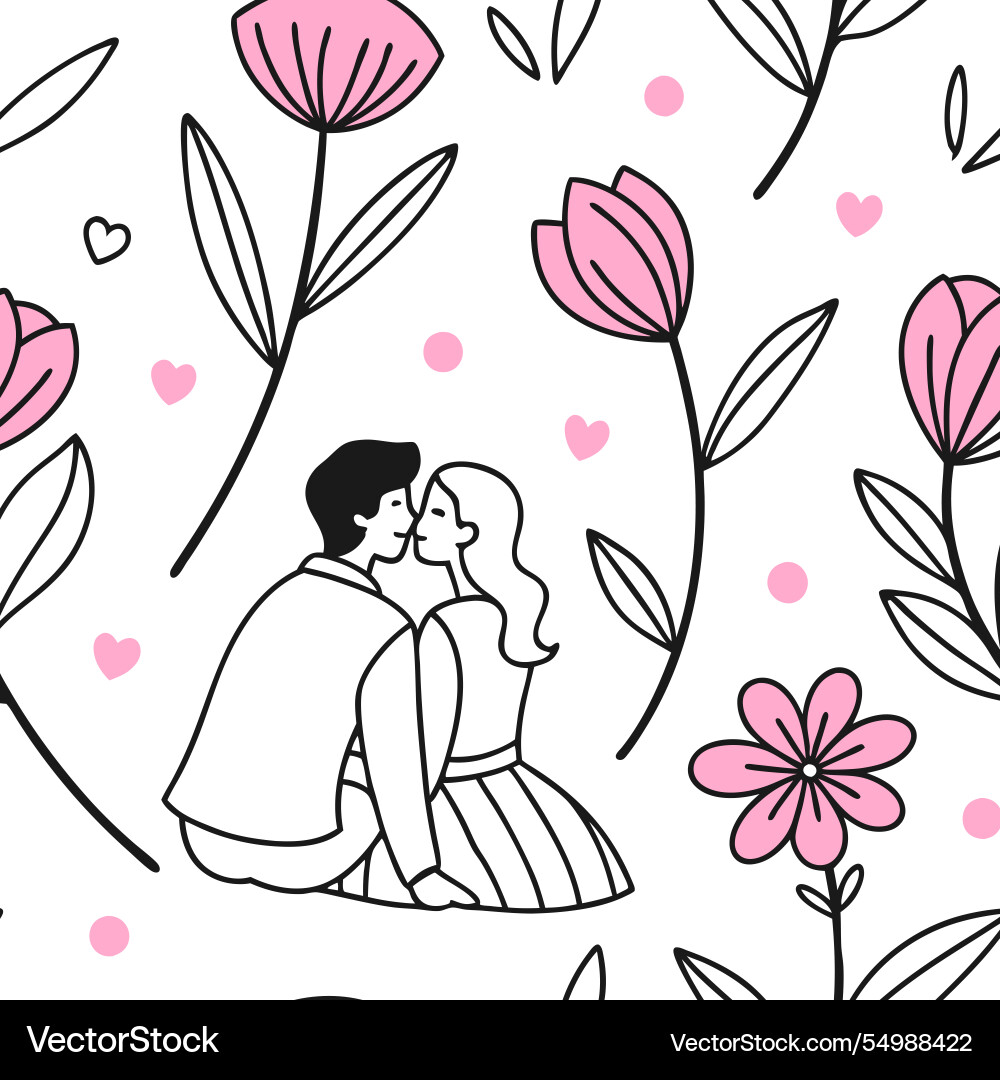 Romantic couple kissing amidst floral pattern Vector Image
