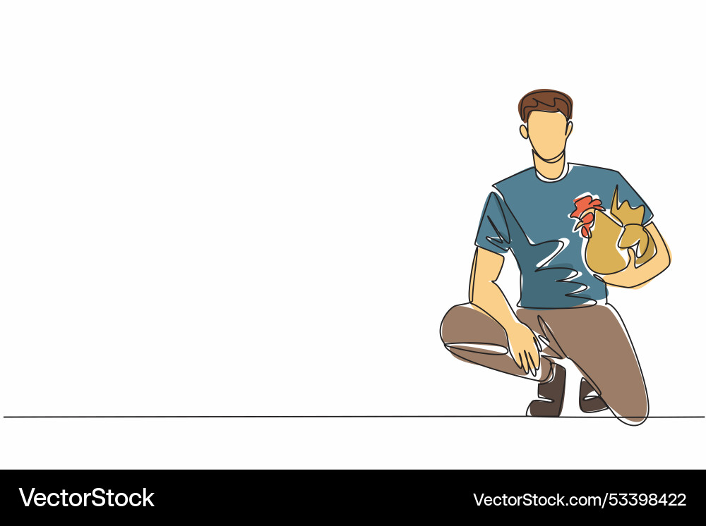 Single continuous line drawing male farmer squats Vector Image