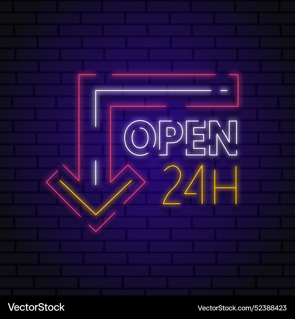 Neon open twenty-four hours sign Royalty Free Vector Image