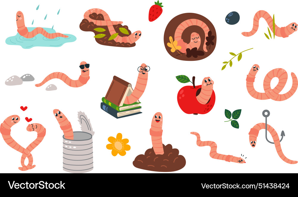 Cute cartoon worms earthworm with book apple Vector Image
