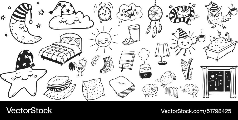 Bedtime sleep line art set Royalty Free Vector Image