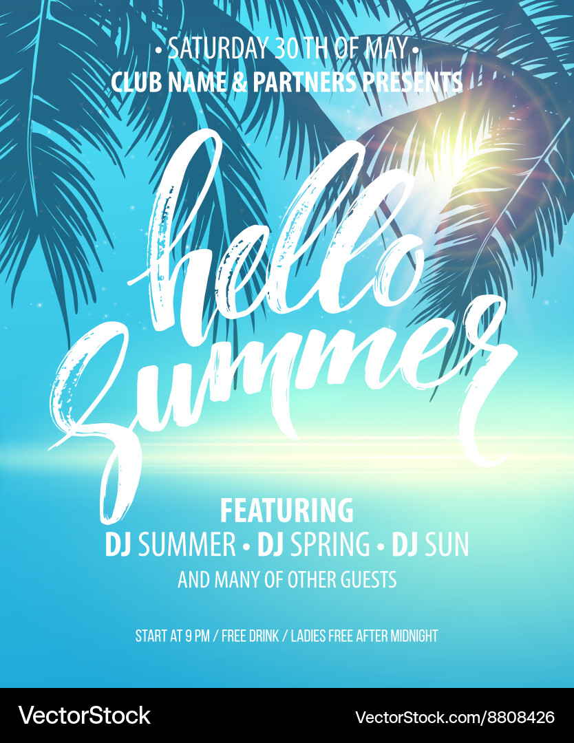 Hello summer party flyer design Royalty Free Vector Image