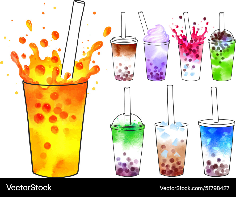 Bubble tea flavors watercolor Royalty Free Vector Image