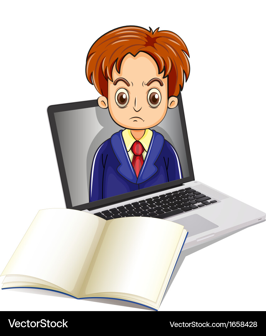 An angry man inside the laptop with a notebook Vector Image