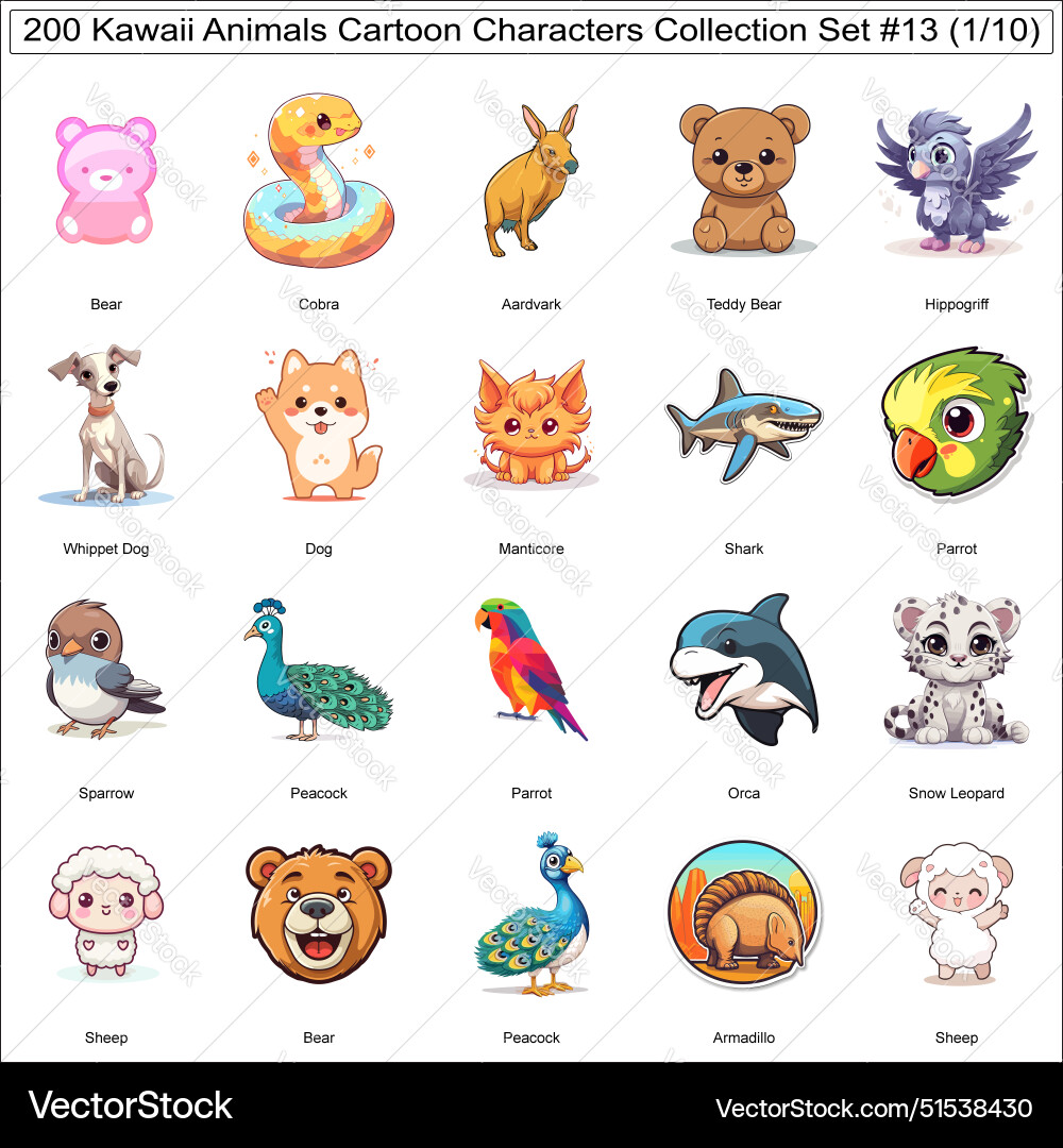 200 kawaii Tiere Cartoon Zeichen Sammlung Vektorbild