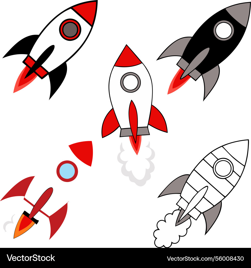 Collection of five cartoon rockets launching Vector Image