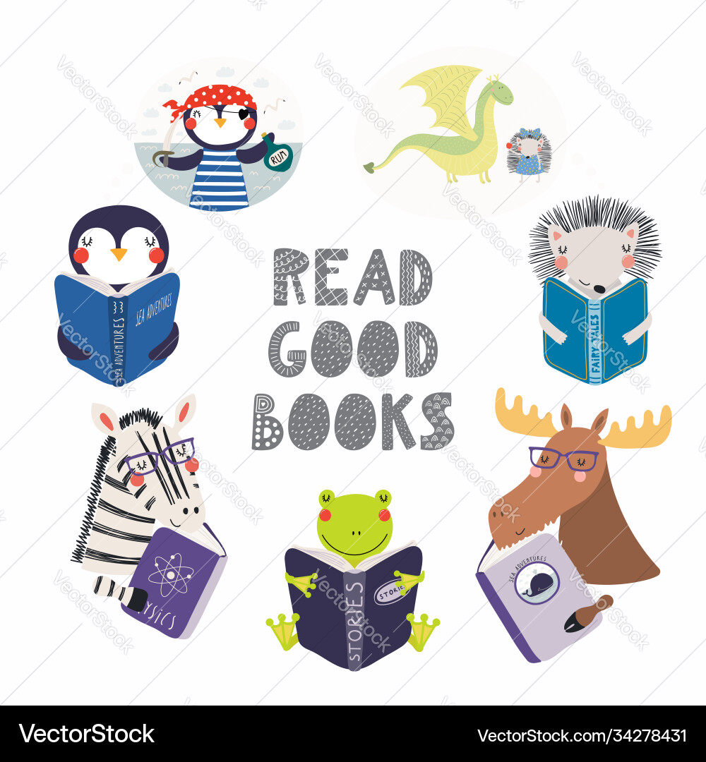 Cute animals reading books set Royalty Free Vector Image