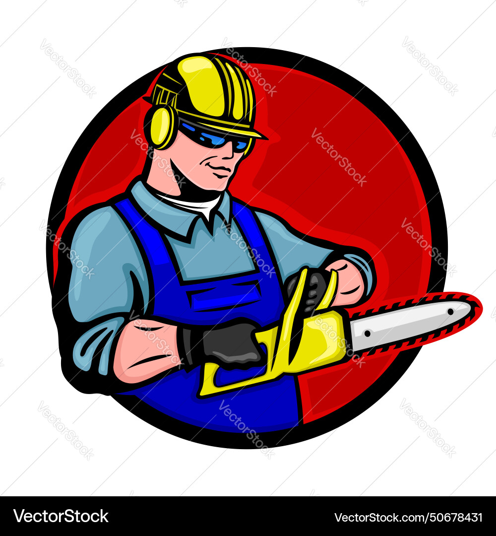 Round icon of construction worker with chainsaw Vector Image