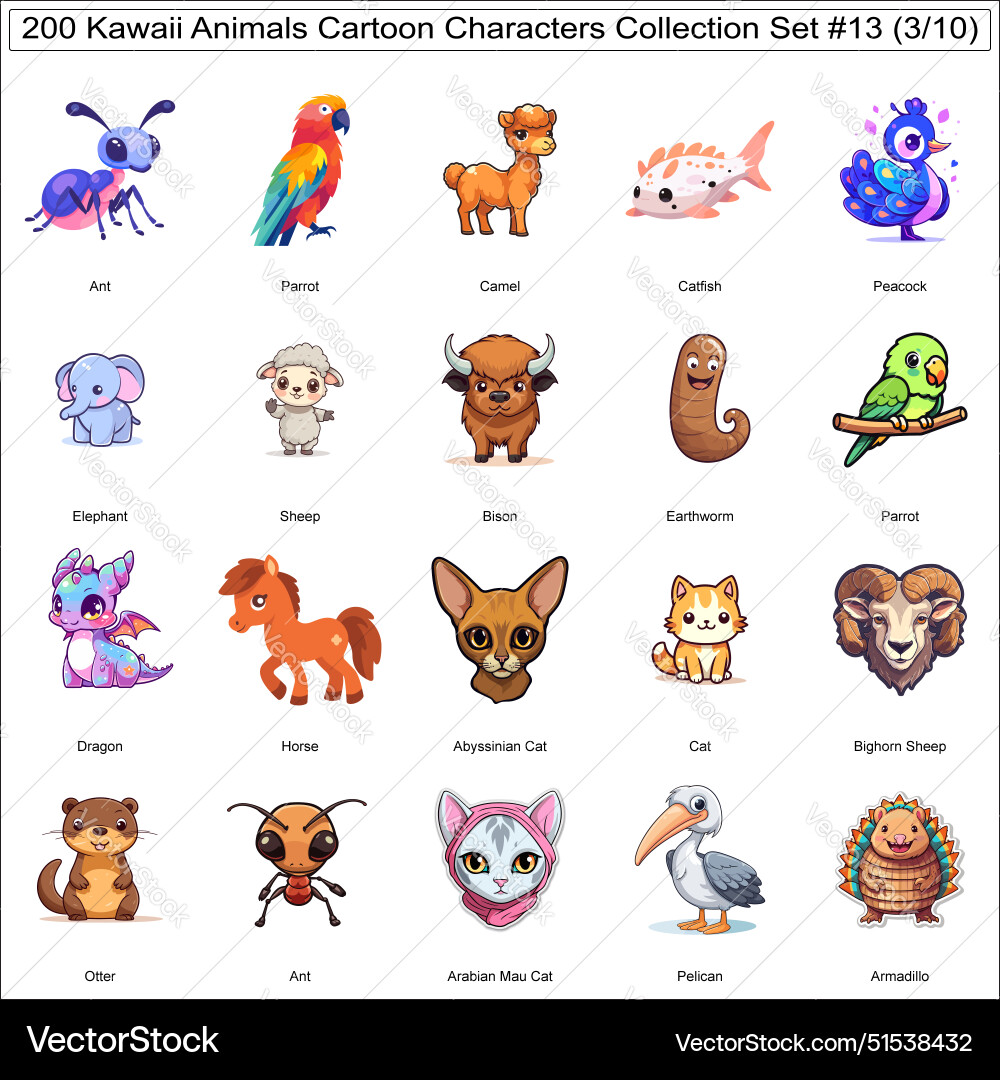 200 kawaii animals cartoon characters collection Vector Image