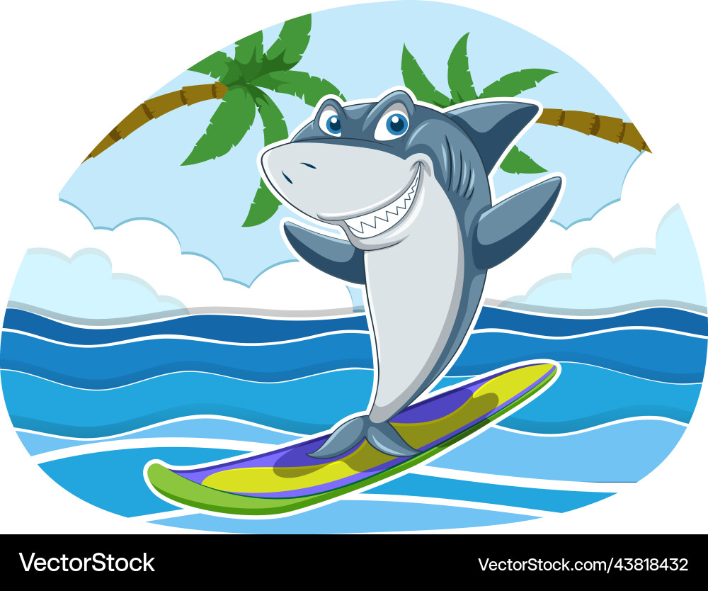 Cute shark surfing cartoon ocean scene Royalty Free Vector