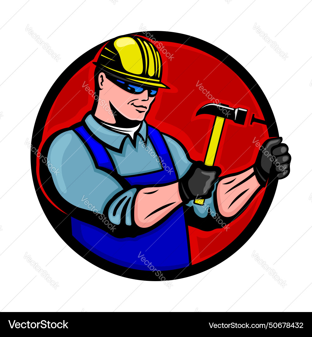 Round icon of worker builder with hammer Vector Image