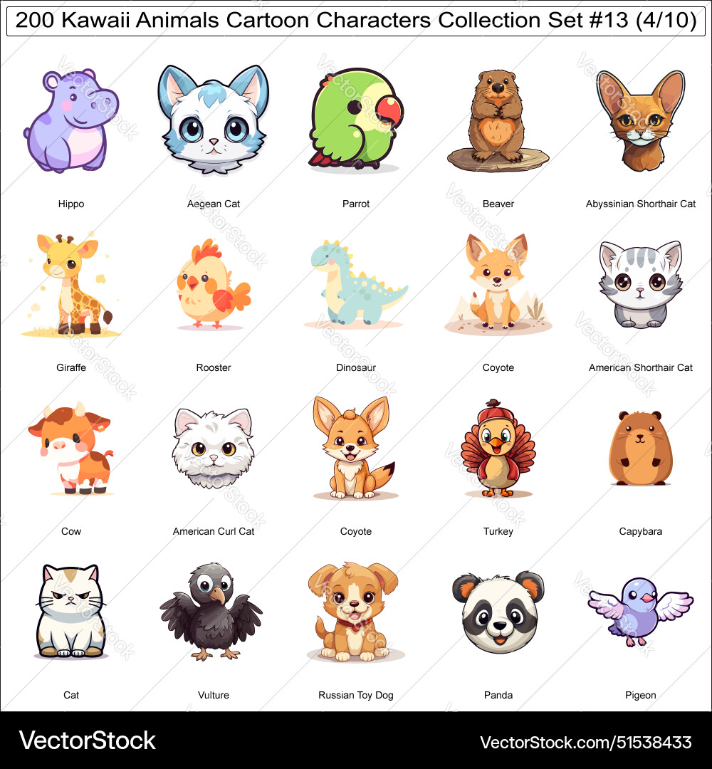 200 kawaii Tiere Cartoon Zeichen Sammlung Vektorbild