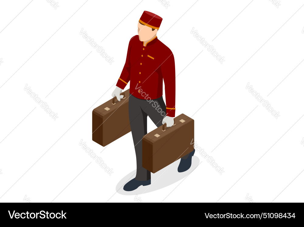 Isometric porter with baggage bellhop in uniform Vector Image