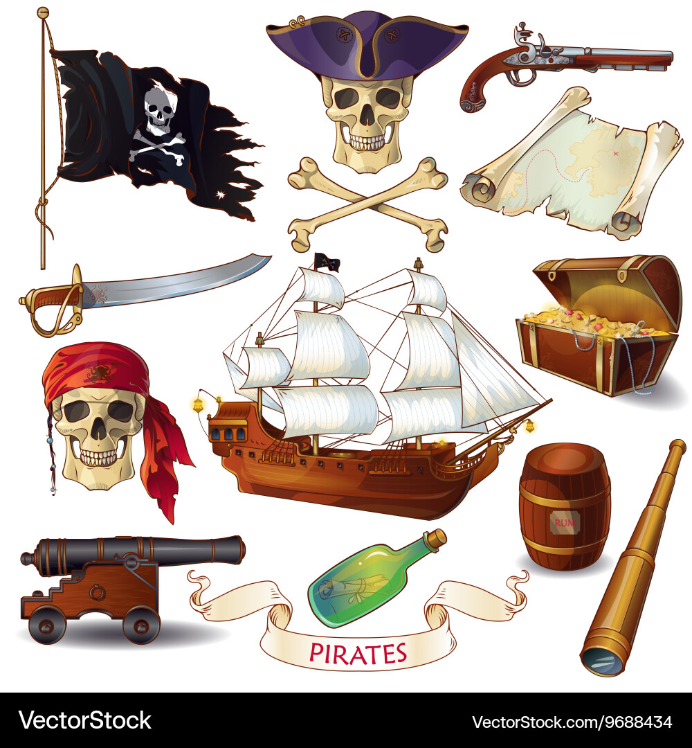 Pirates cartoon icons set Royalty Free Vector Image