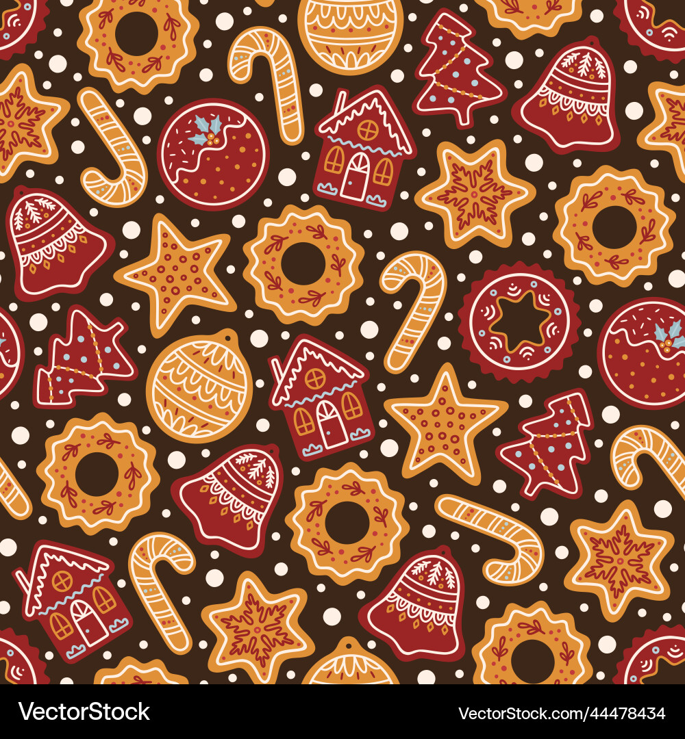 Seamless pattern with gingerbread cookies and snow