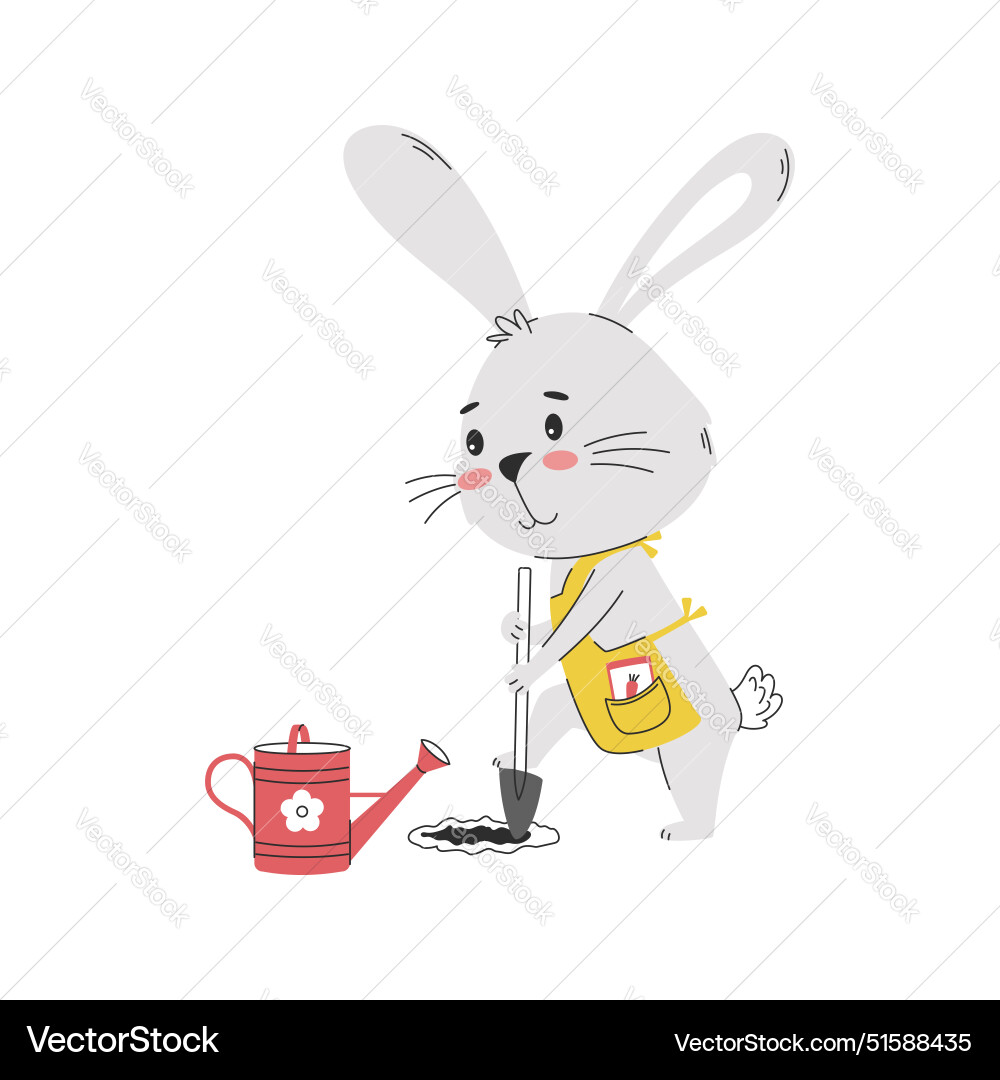A cute rabbit in apron digging with shovel Vector Image