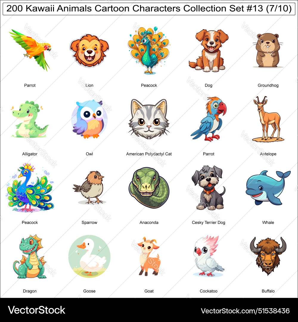 200 kawaii animals cartoon characters collection Vector Image