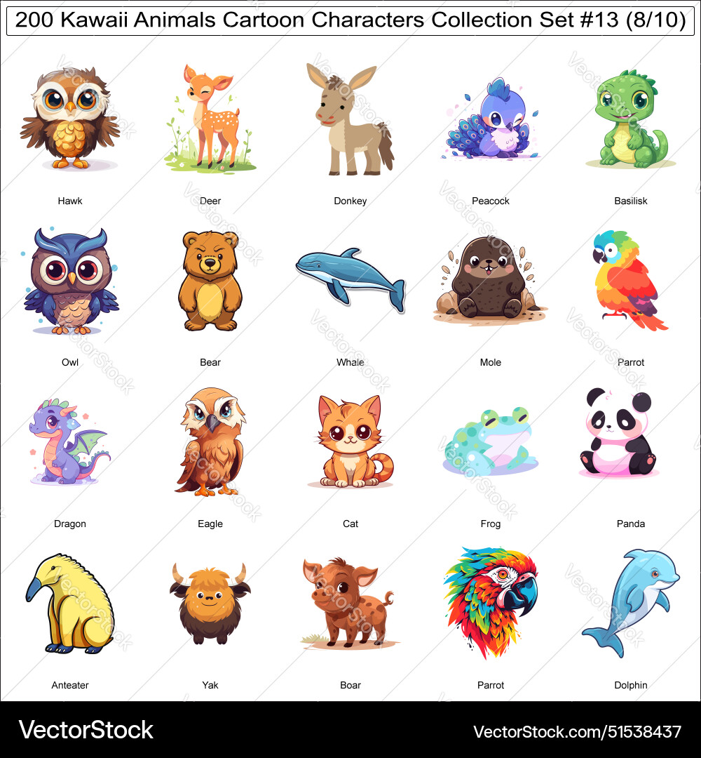 200 kawaii animals cartoon characters collection Vector Image
