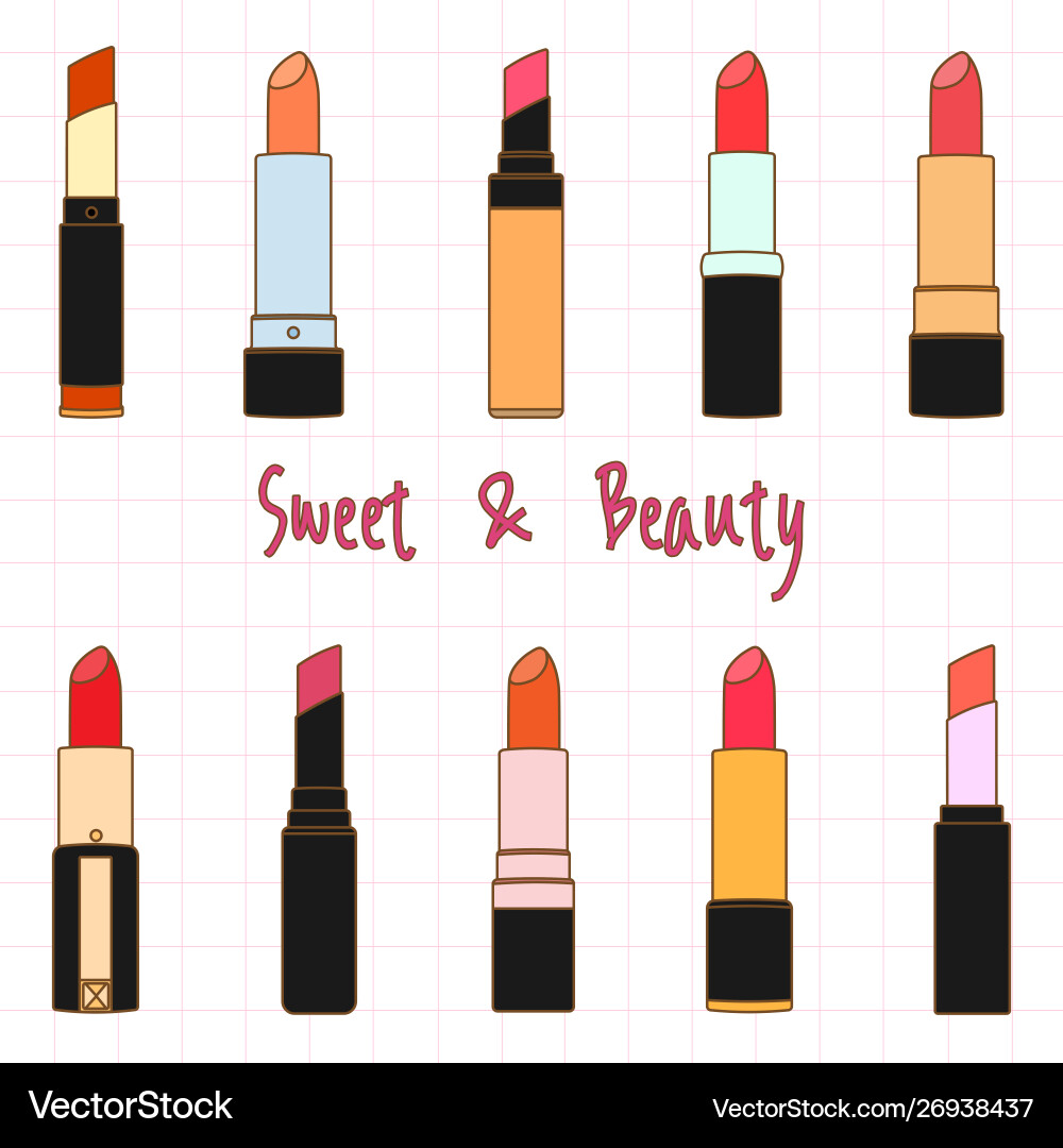 Colorful lipstick collection set doodle cartoon Vector Image