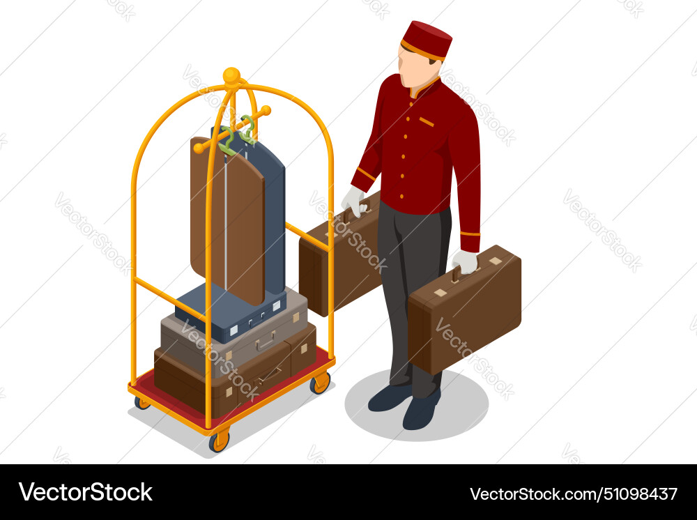 Isometric porter with baggage bellhop in uniform Vector Image