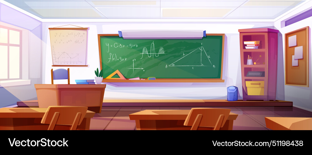 Classroom with desks a chalkboard math Royalty Free Vector