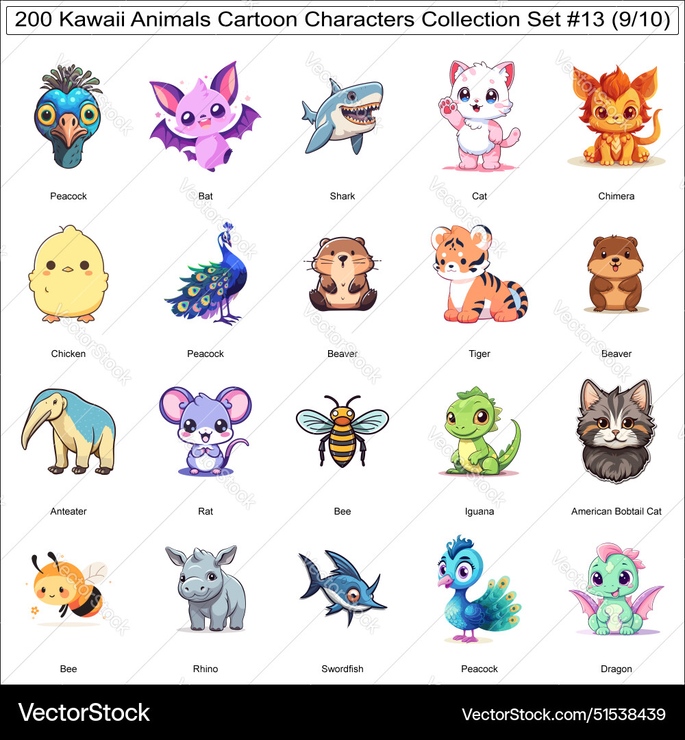 200 kawaii animals cartoon characters collection Vector Image