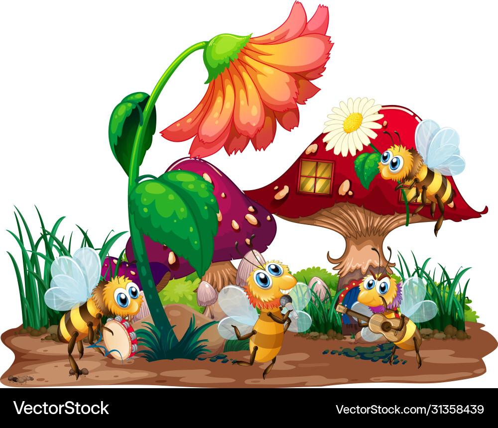 Bee musical band playing in front fairy Royalty Free Vector