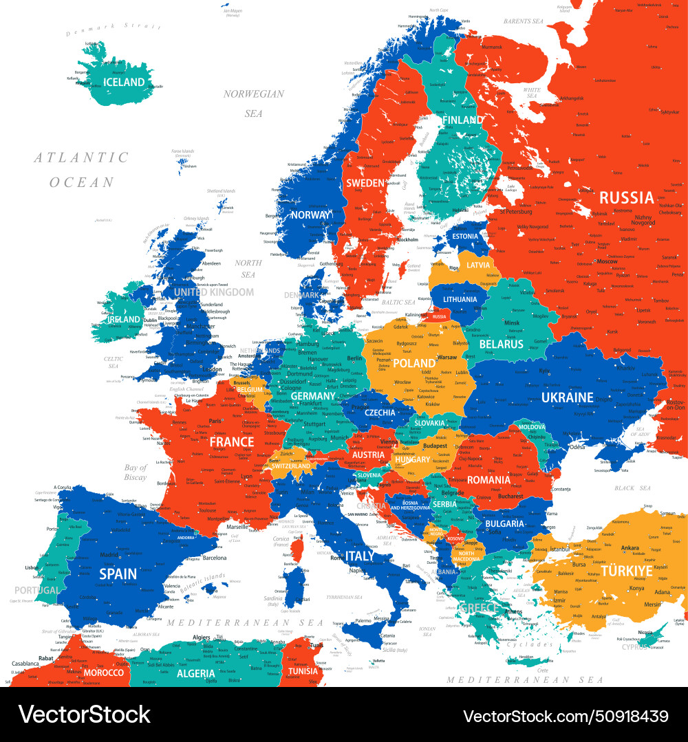 Europe - highly detailed colored map Royalty Free Vector Europe - highly detailed colored map Royalty Free Vector