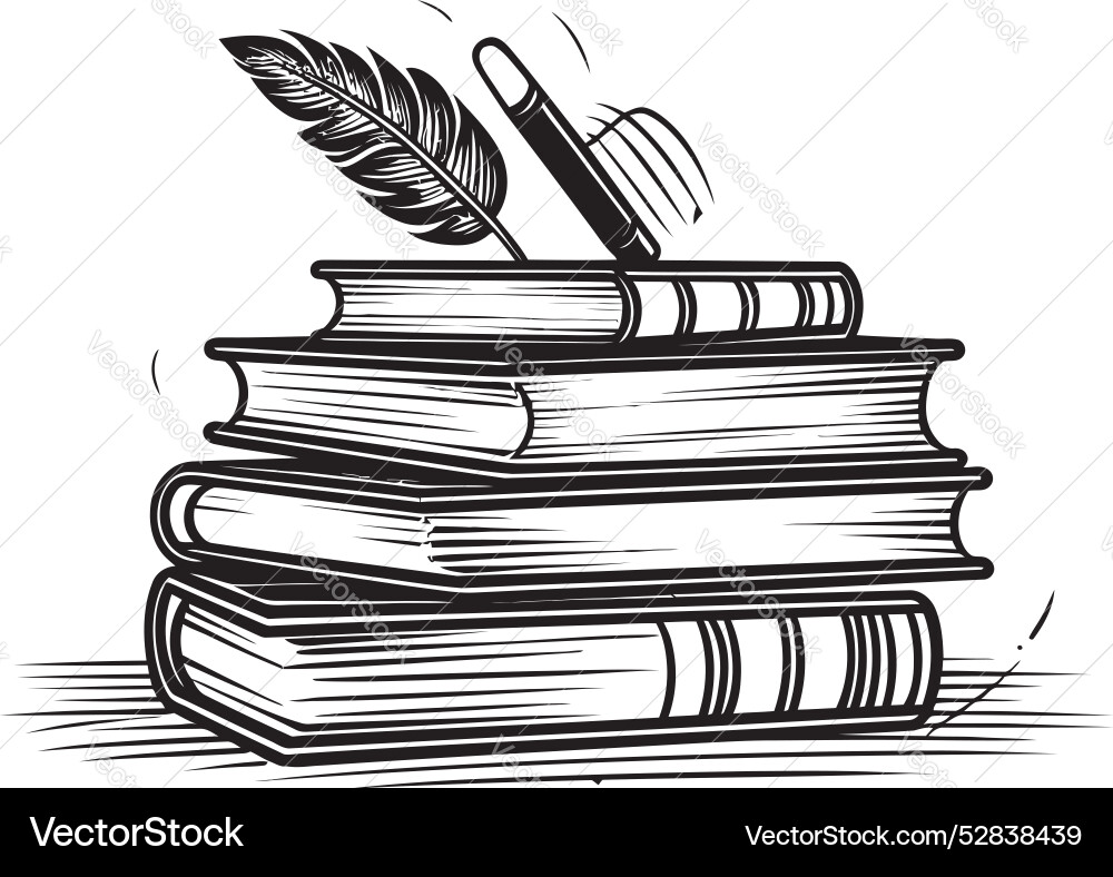 Literary legacy symbolic book stack emblem quill Vector Image