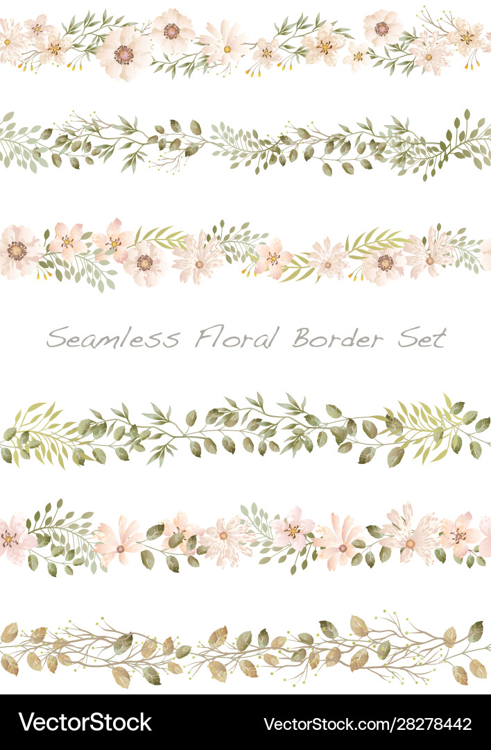Seamless watercolor floral border set Royalty Free Vector