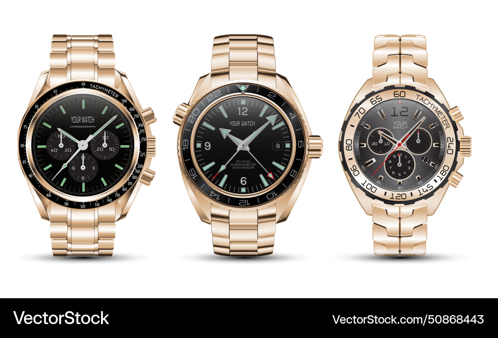 Realistic watch chronograph gold black face set Vector Image