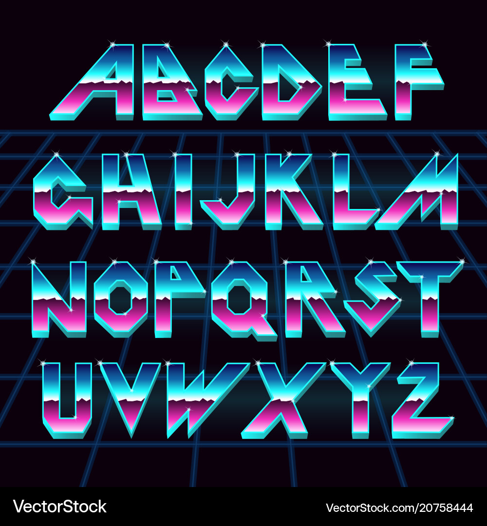 80s Neon Alphabet Font - Retro Sci-Fi Royalty Free Vector
