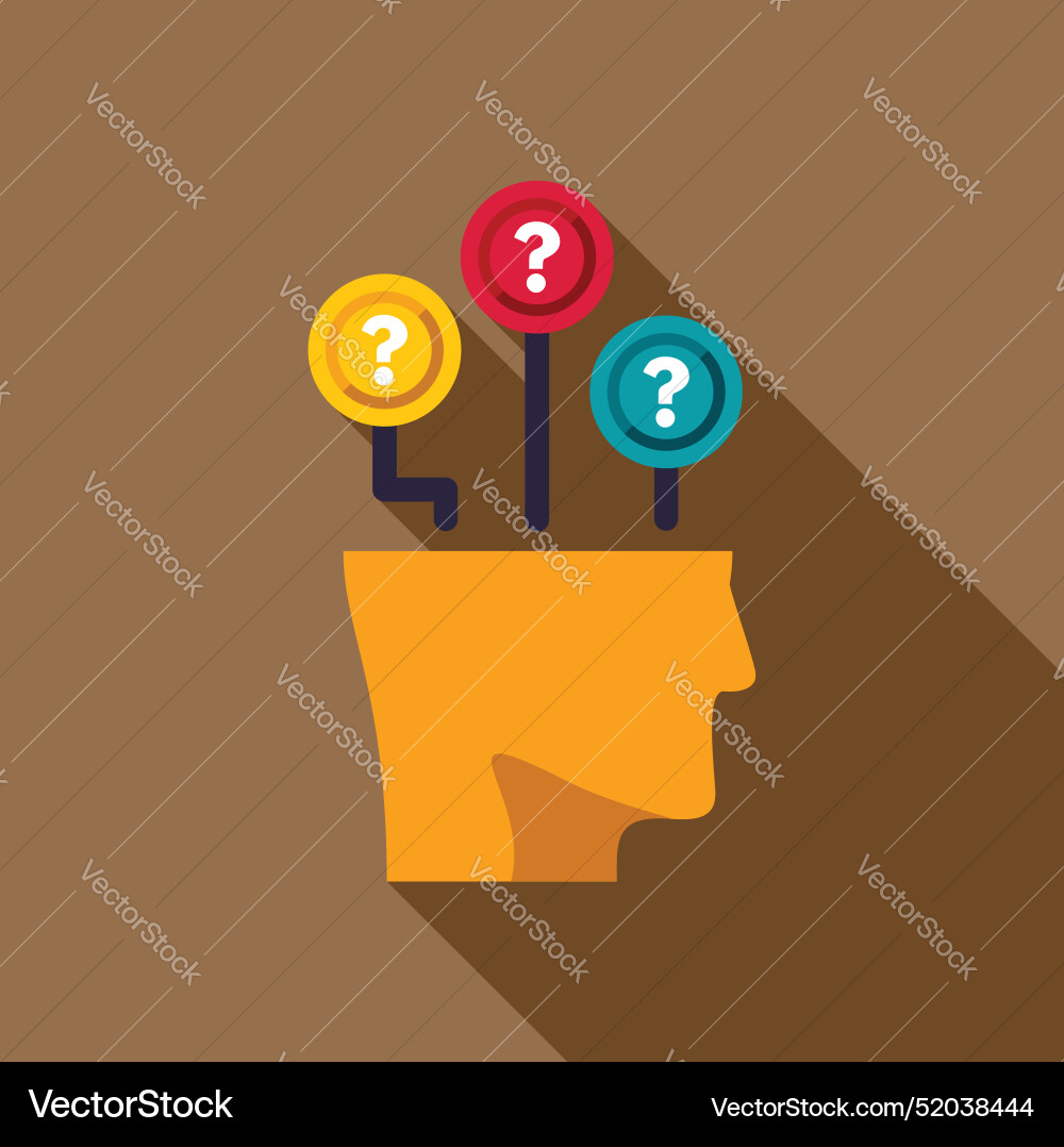 Human head with question marks connected to brain Vector Image