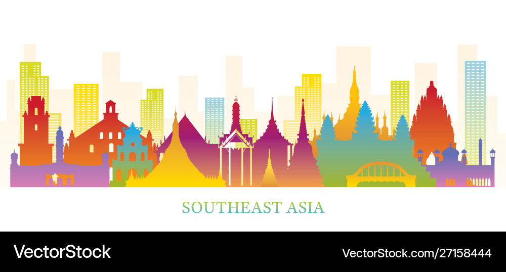 Southeast asia skyline landmarks colorful Vector Image