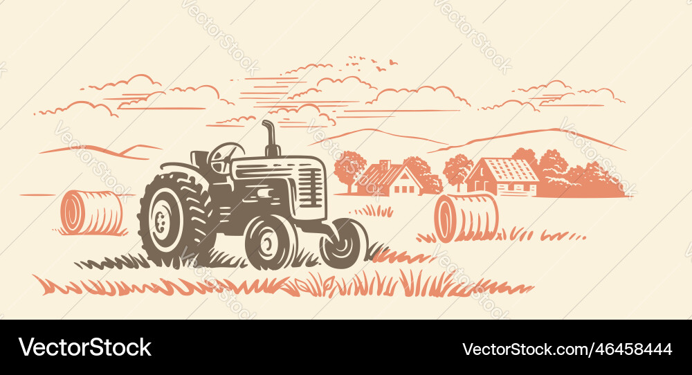 Tractor with hay rural farm landscape Royalty Free Vector