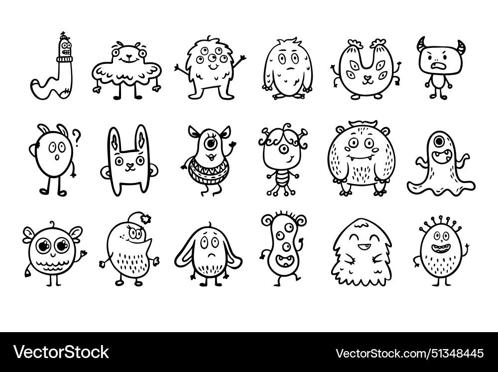 Monster alien doodle set funny and cutes Vector Image