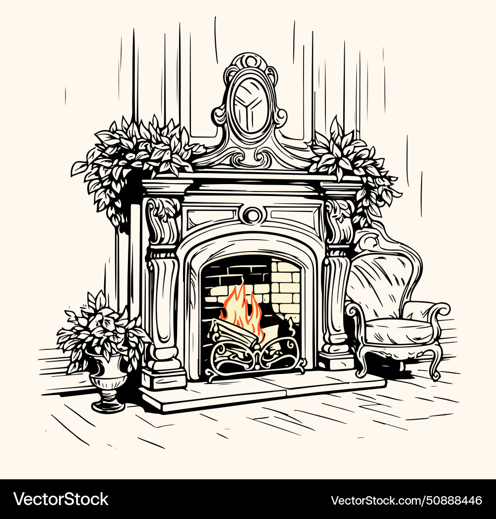 Fireplace Line Art Sketch Royalty Free Vector Image