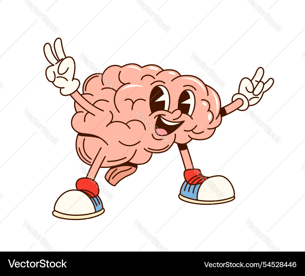 Groovy human brain cartoon retro funny character Vector Image